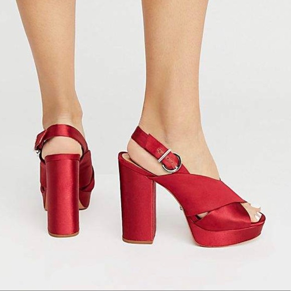 Free People | Shoes | Satin Red Slingback Chunky Towering Heel Platform ...